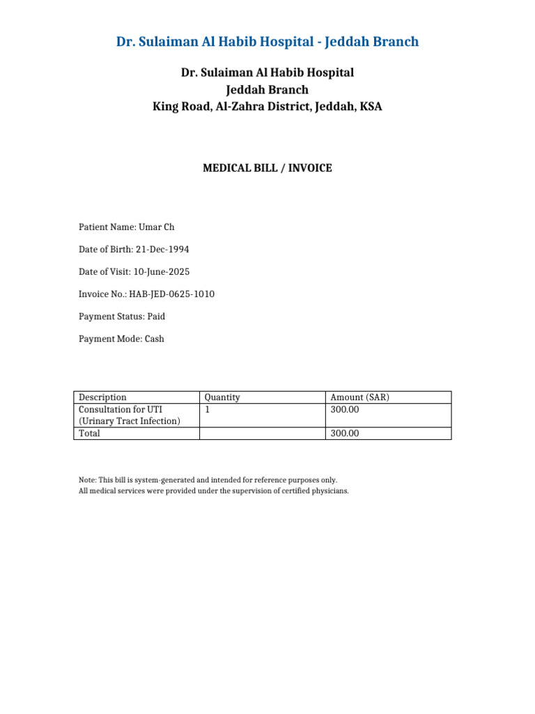 Jeddah Hospital Medical Bill Invoice | PDF