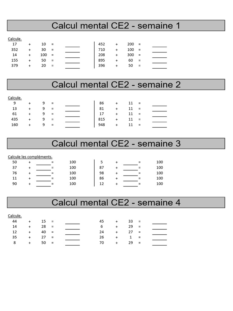 Calcul Mental Ce2 Série 5 | PDF