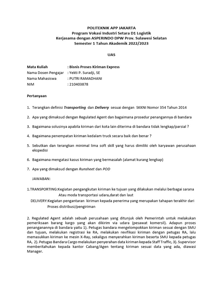 Uas Bisnis Proses Kiriman Express d1 Mks Putri Ramadhani | PDF