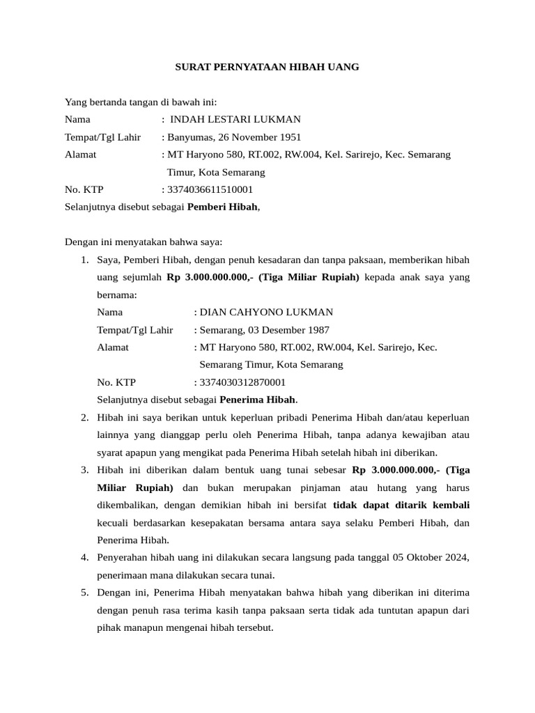 Surat Pernyataan Hibah Uang Tunai | PDF