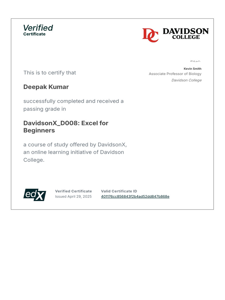 Certificate for Excel Course Completion | PDF