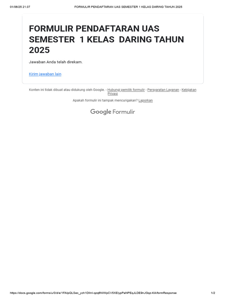 Formulir Pendaftaran Uas Semester 1 Kelas Daring Tahun 2025 | PDF