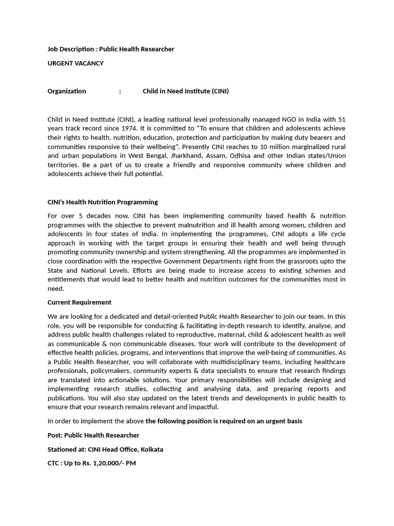 Job - Description Public Health Researcher | PDF | Public Health | Data