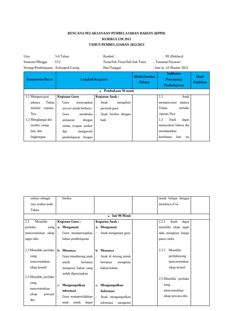 Contoh RPPH PAUD | PDF