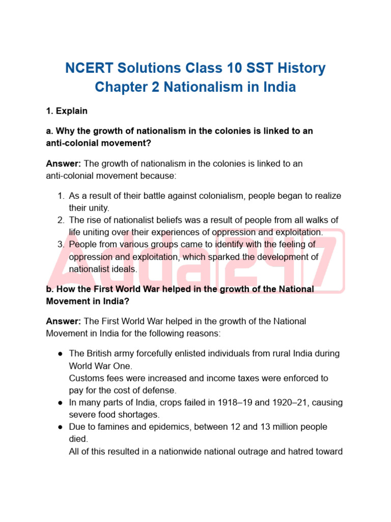 NCERT Solutions Class 10 SST History Chapter 2 Nationalism in India ...