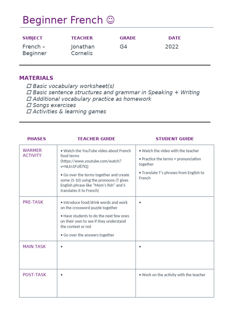 Beginner French Lesson Plan - 5th | PDF | French Language | English ...
