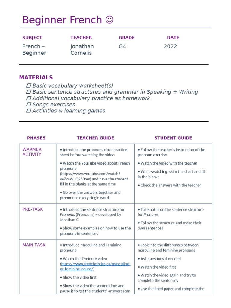 Beginner French Lesson Plan - 4th | PDF | Linguistic Typology | Linguistics