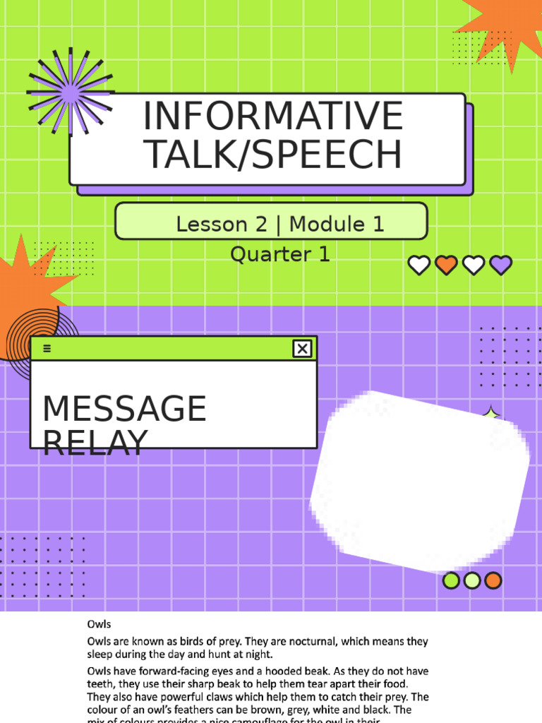 EN10 Q1 M1 L2 Informative Talk Speech | PDF | Cognition | Human Communication