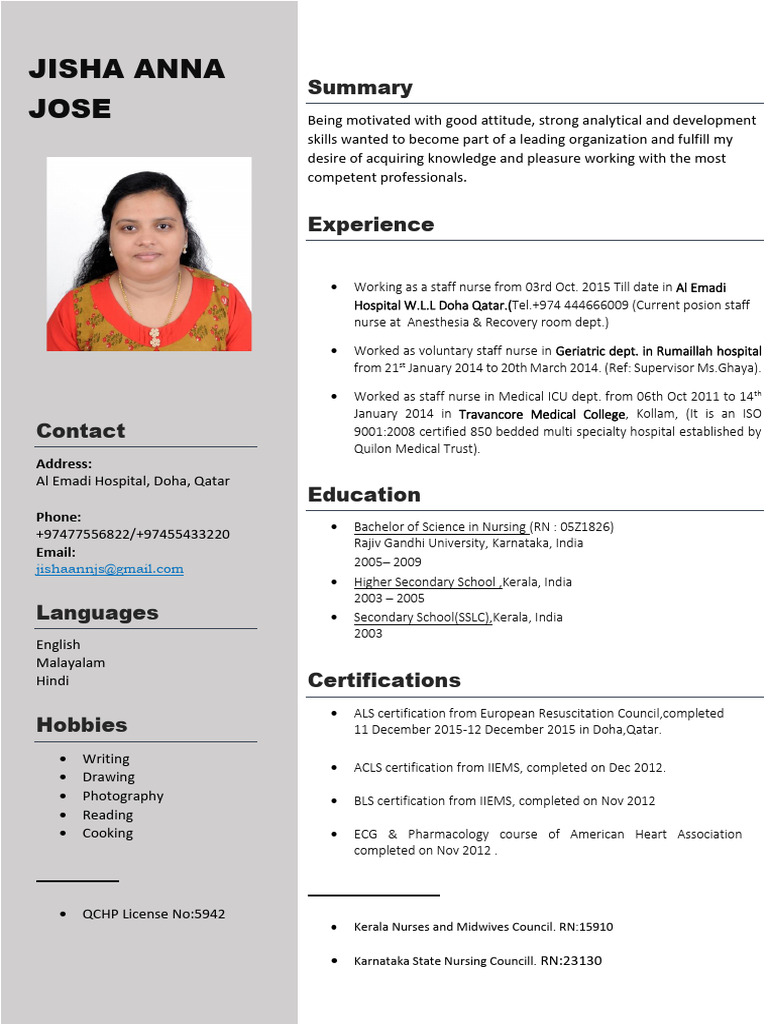 Jisha Anna Jose: Nursing Profile | PDF | Health Care | Medicine
