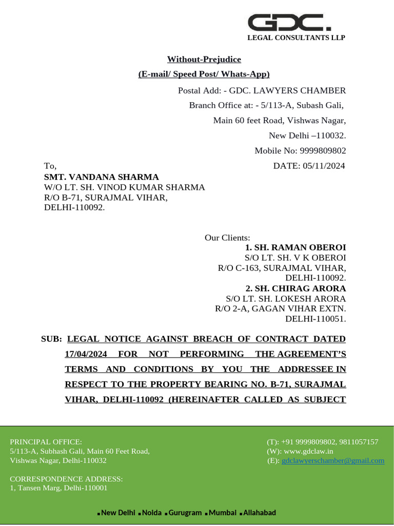 Legal Notice of Raman Oberoi Ji (B-71, Surajmal Vihar) | PDF | Private ...