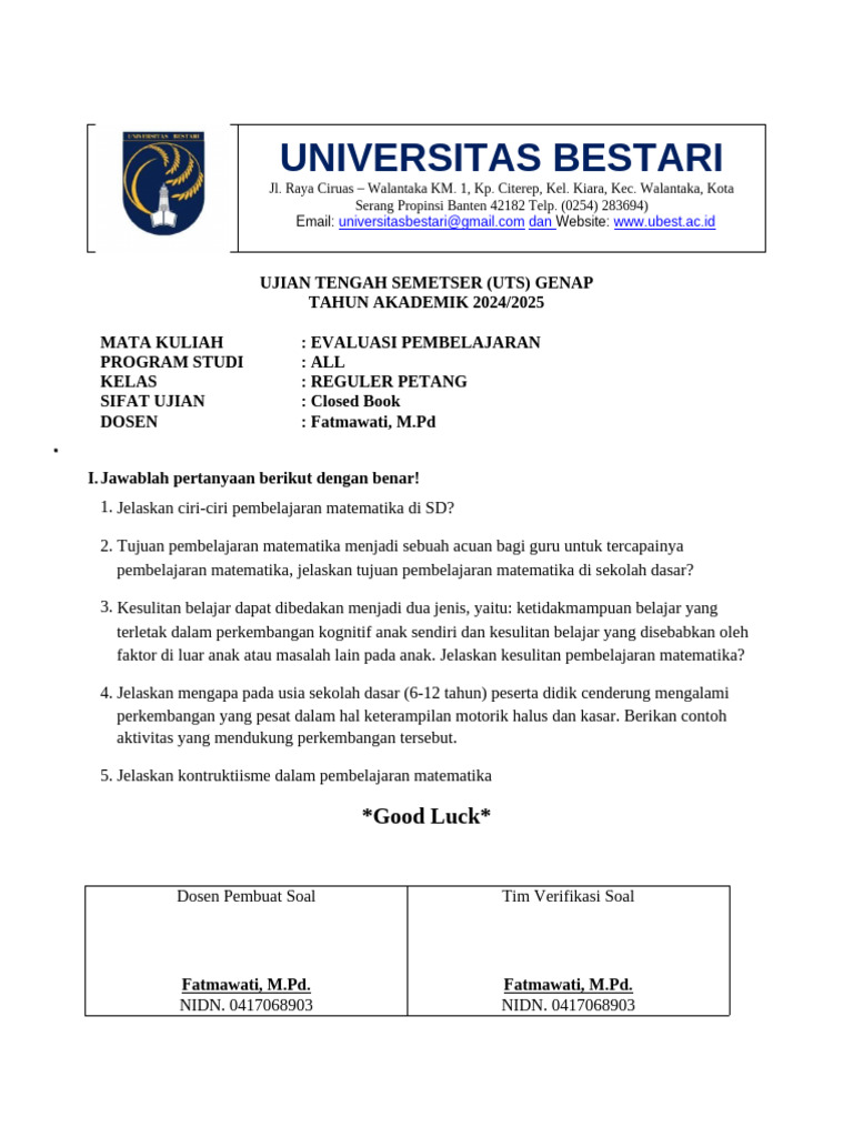 Soal UTS Pegagogis Dasar MTK Reg Petang | PDF