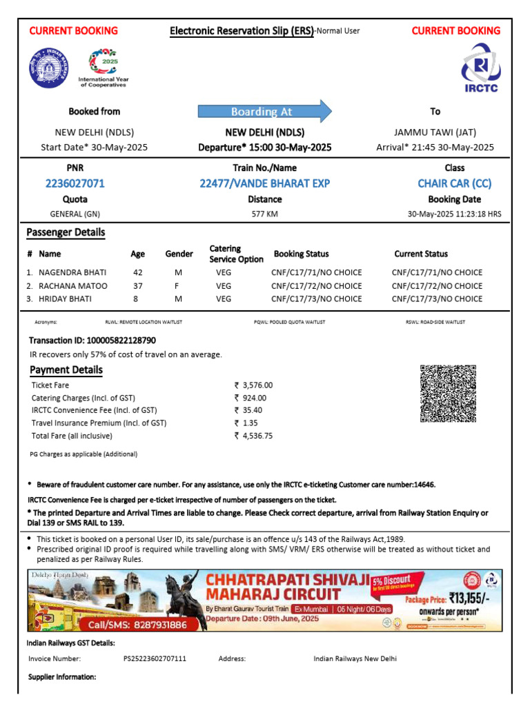 22477/vande Bharat Exp Chair Car (CC) | PDF | Identity Document