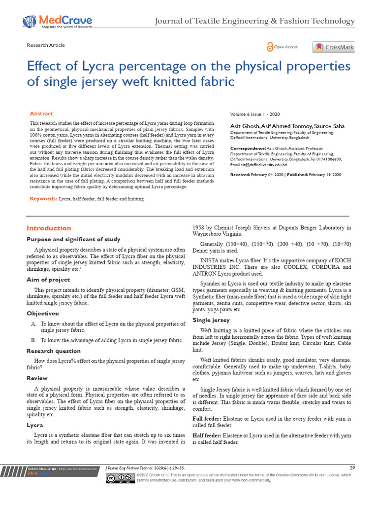 Effect of Lycra Percentage On The Physic | PDF | Textiles | Knitting