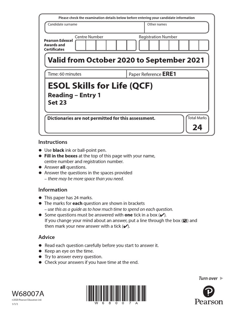 ESOL Entry 1 Reading Exam Practice | PDF