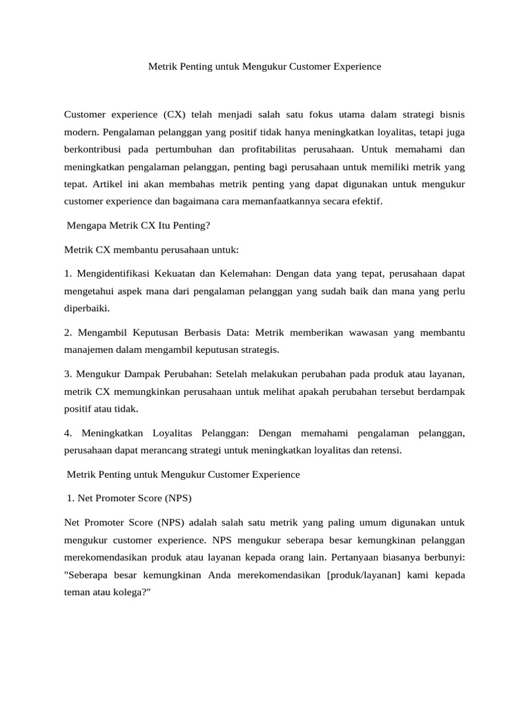 Artikel 82 Metrik Penting Untuk Mengukur Customer Experience | PDF
