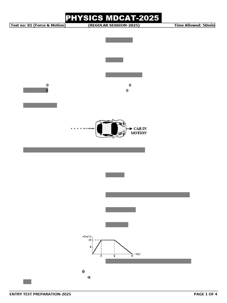 MDCAT 2025 Physics Test Questions | PDF | Acceleration | Force
