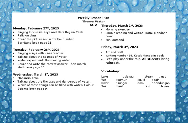 Weekly Water Theme Lesson Plan | PDF