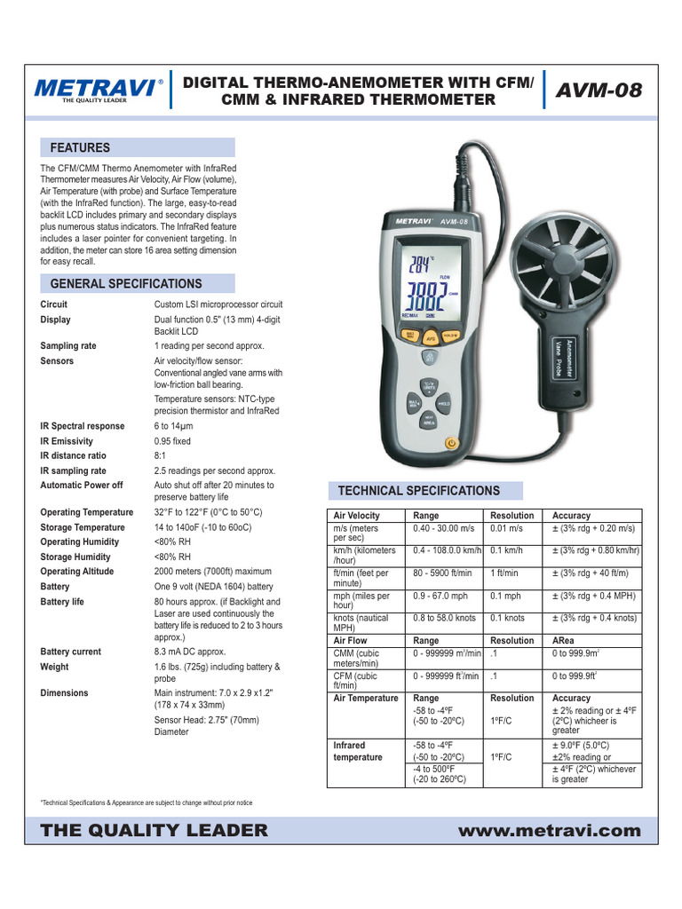 Metravi AVM 08 Thermo Anemometer With CFM CMM and Built in Infrared Thermometer Catalogue 1 ...