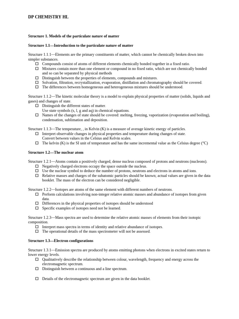 Chem - Syllabus Checklist 12 - HL | PDF | Chemical Bond | Mole (Unit)