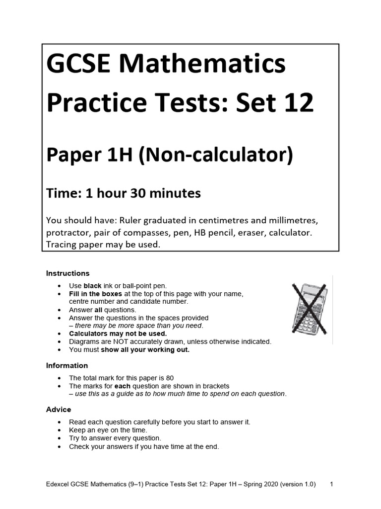 Practice 12 Practice Tests Set 12 - Paper 1H | PDF | Equations | Ratio