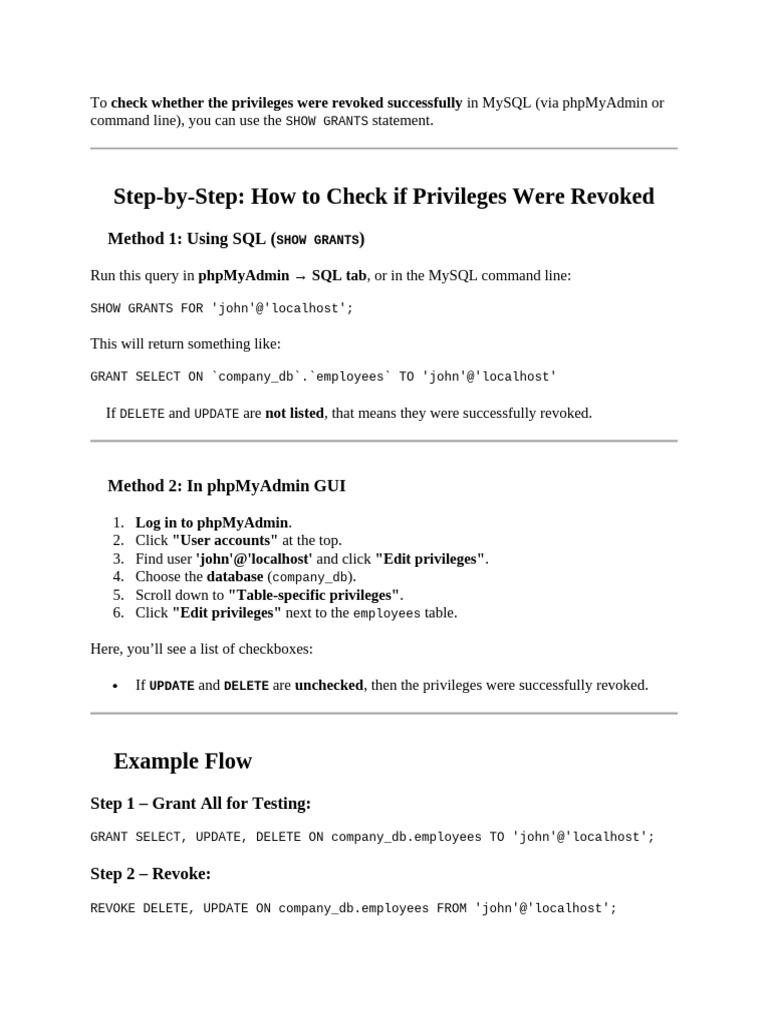 To Check Whether The Privileges Were Revoked Successfully in MySQL | PDF