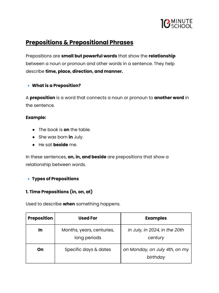 Prepositions & Prepositional Phrases | PDF | English Grammar | Pronoun
