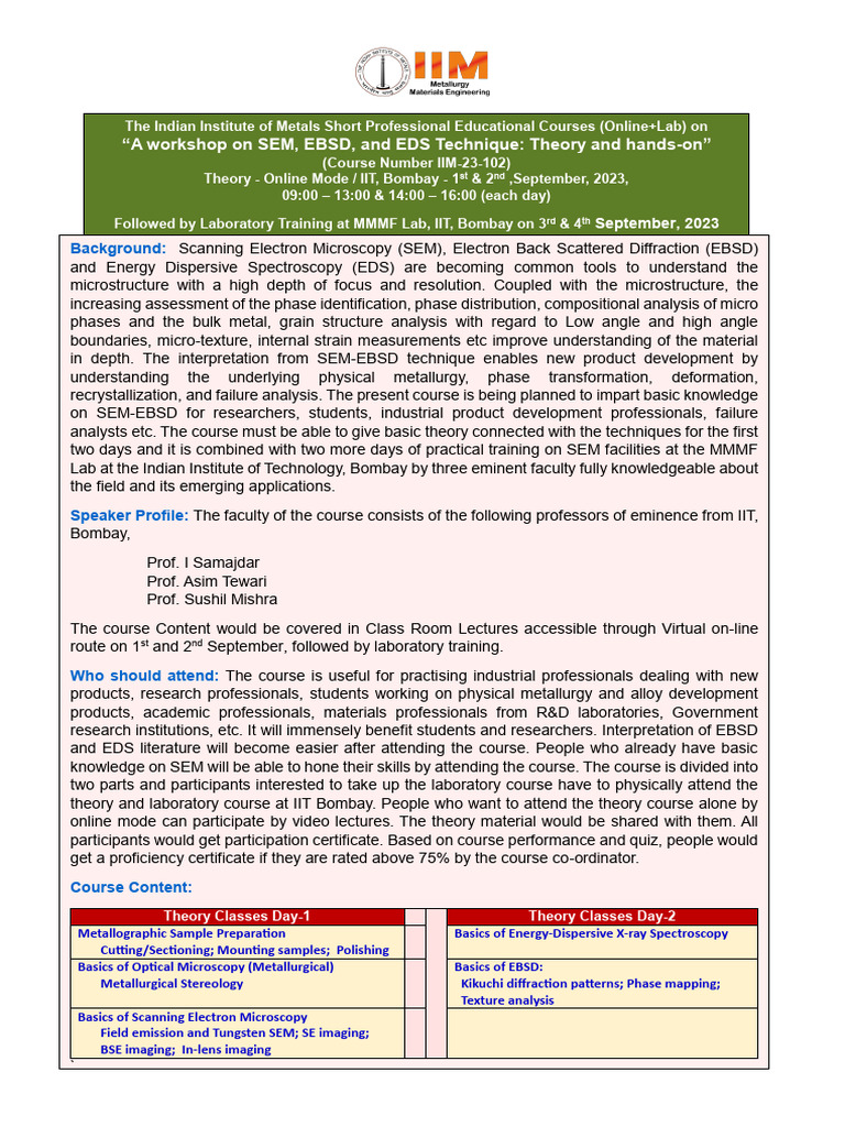 SEM and EBSD Workshop at IIT Bombay | PDF | Scanning Electron ...