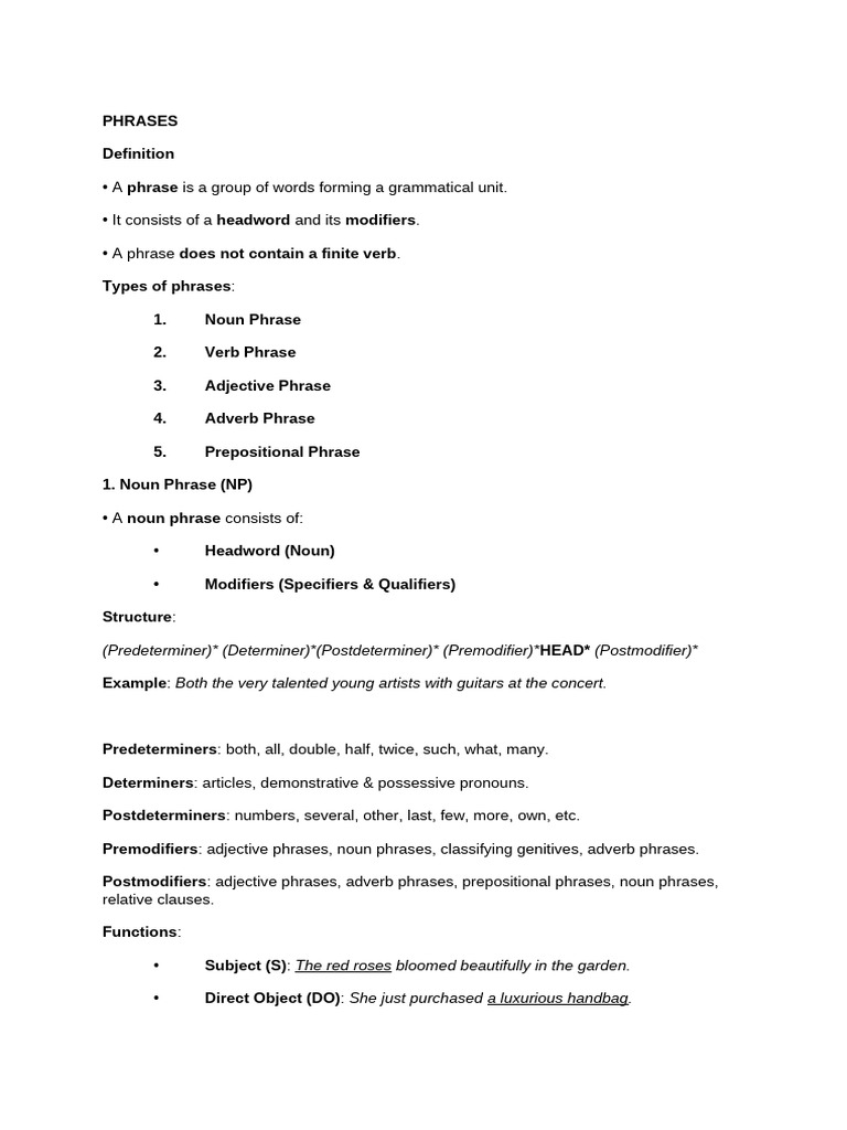 Understanding Phrases and Their Types | PDF | Phrase | Adjective
