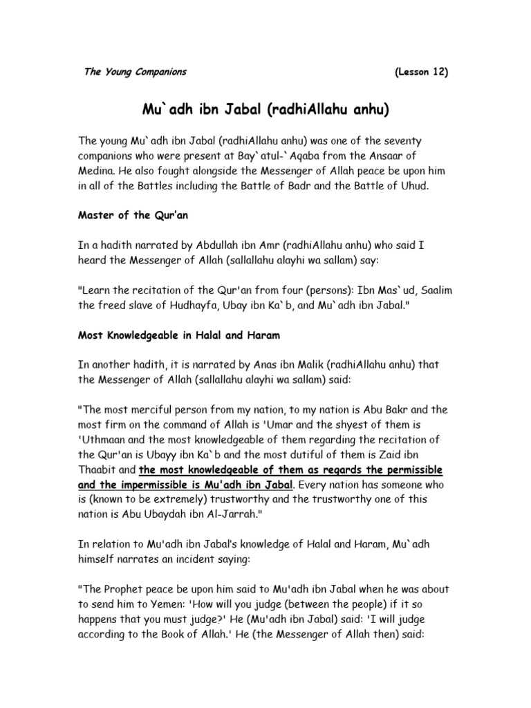 Lesson 12 Muadh Ibn Jabal | PDF | Muhammad | Life Of Muhammad