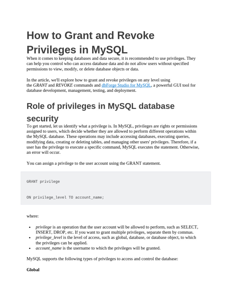 How to Grant and Revoke Privileges in MySQL | PDF | Databases | My Sql