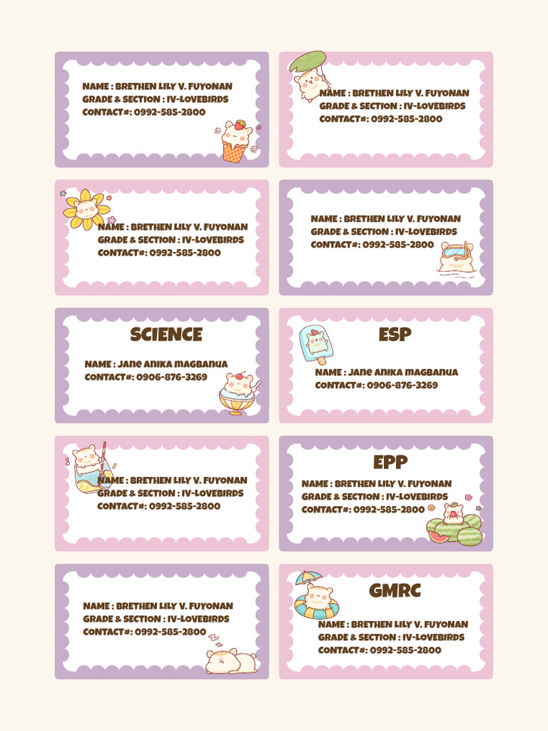 Cream Colorful Cute Name Label A4 Document | PDF