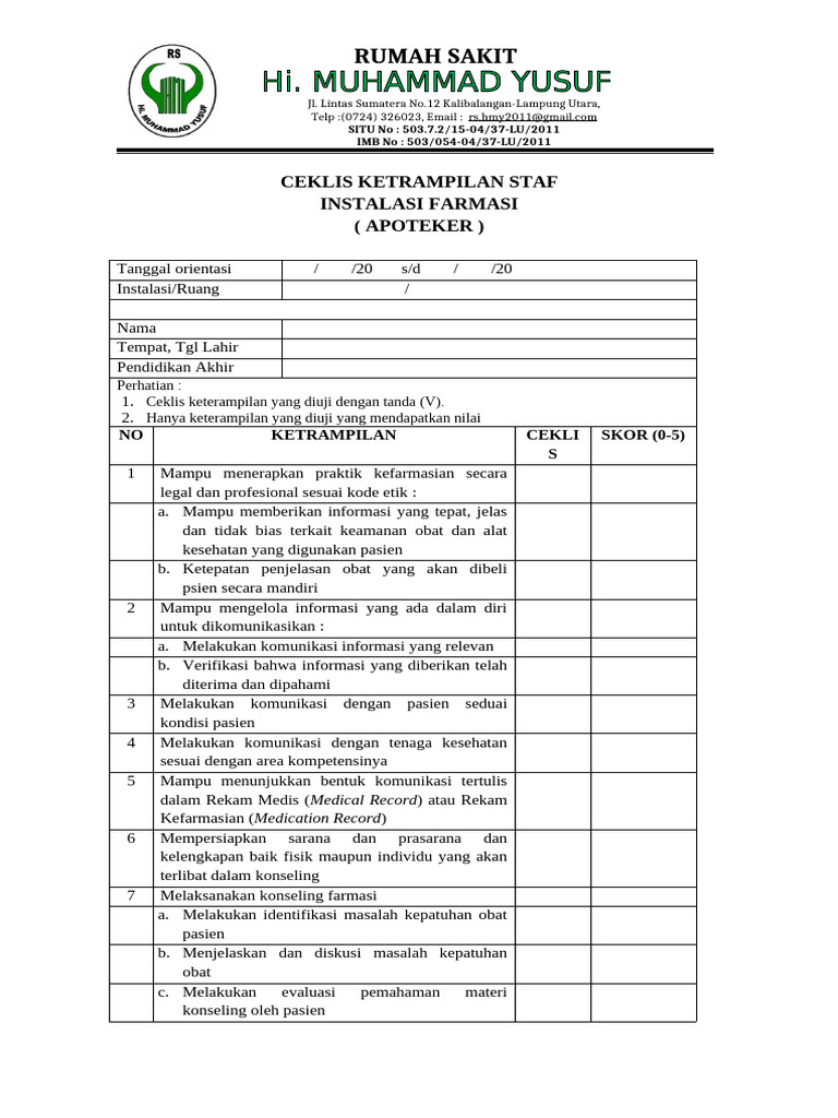 Ceklis Keterampilan Farmasi (Apoteker) | PDF