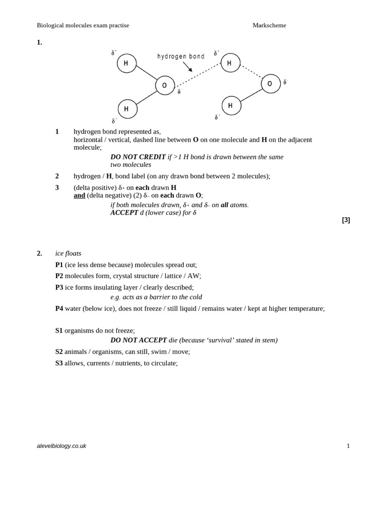 AQA As Biology 3.1 Biological Molecules - Exam Questions Markscheme | PDF | Active Site | Dna