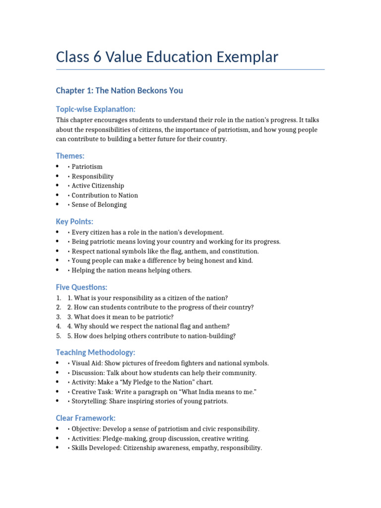 Class 6 Value Education Exemplar Updated With Chapters | PDF ...