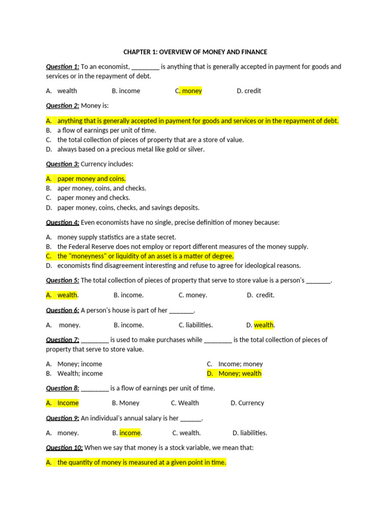 Chapter 1 (Money and Finance) - Test Bank | PDF | Money | Financial Markets