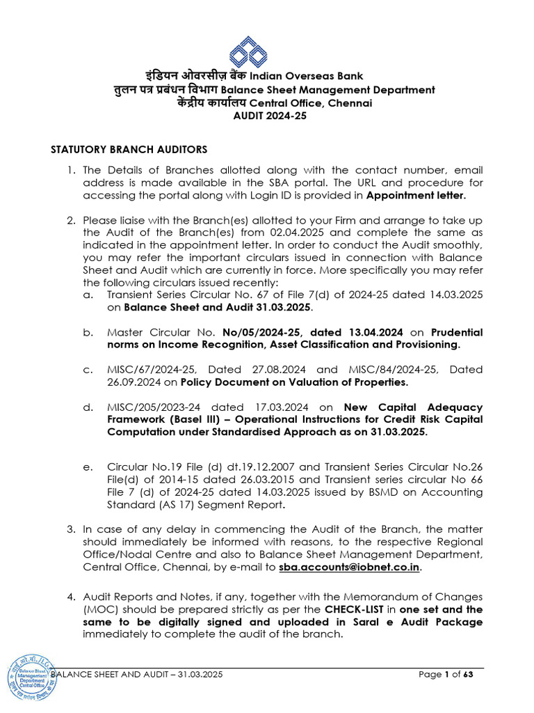 Instructions To SBAs For Annual Audit For FY 2024-25 | PDF | Audit | Banks