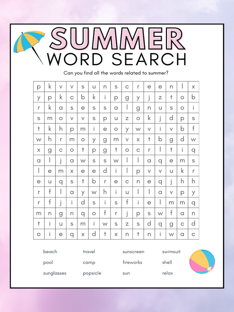 Summer Word Search Worksheet in a Colorful Greyscale Playful Style | PDF