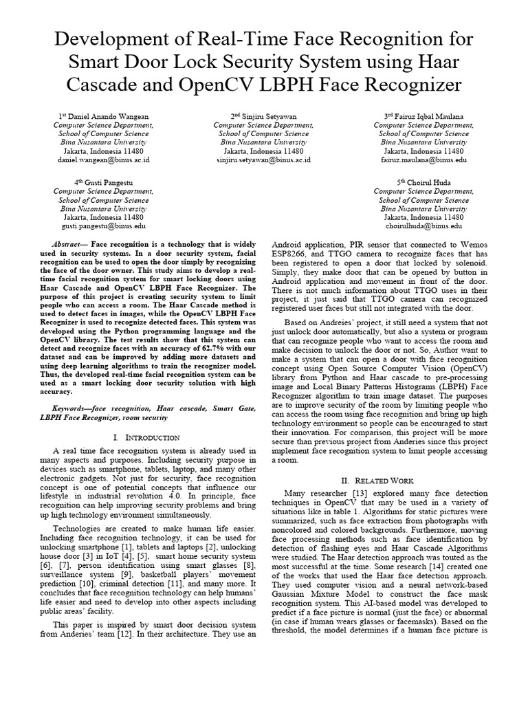 Development of Real-Time Face Recognition for Smart Door Lock Security System using Haar Cascade ...