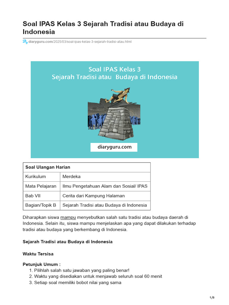 Soal IPAS Kelas 3 Sejarah Tradisi Atau Budaya Di Indonesia | PDF