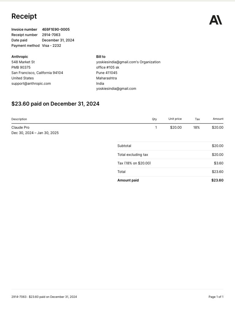 Anthropic 31 Dec 24 Receipt-2711-5696 | PDF