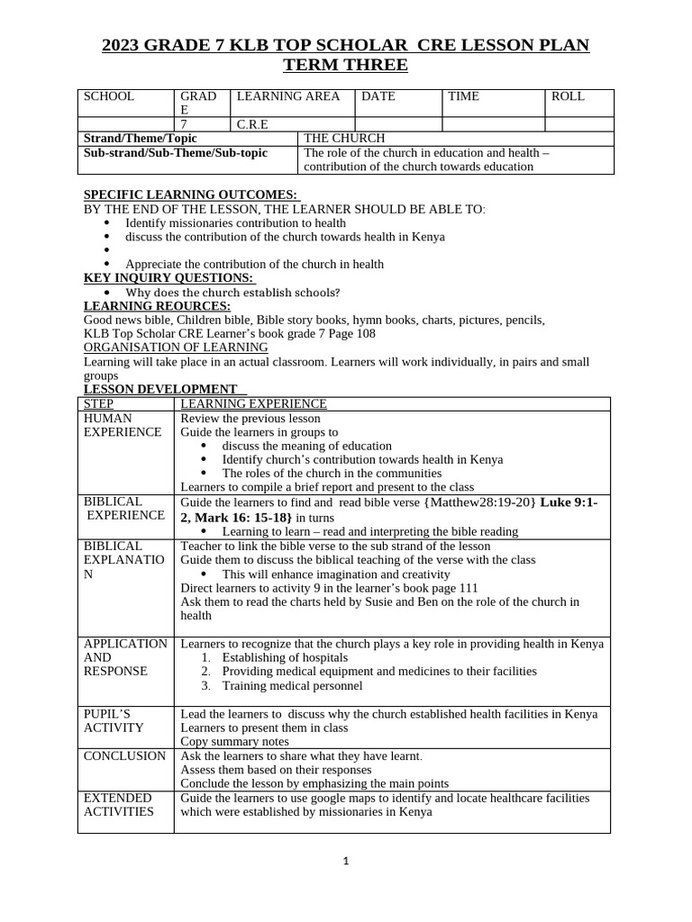 Grade 7 Cre Lesson Plan Term 3 2024 Teacher - Co .Ke | PDF | Bible ...