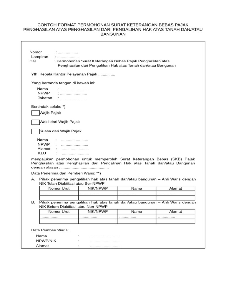 Permohonan SKB Pajak Waris Tanah/Bangunan | PDF