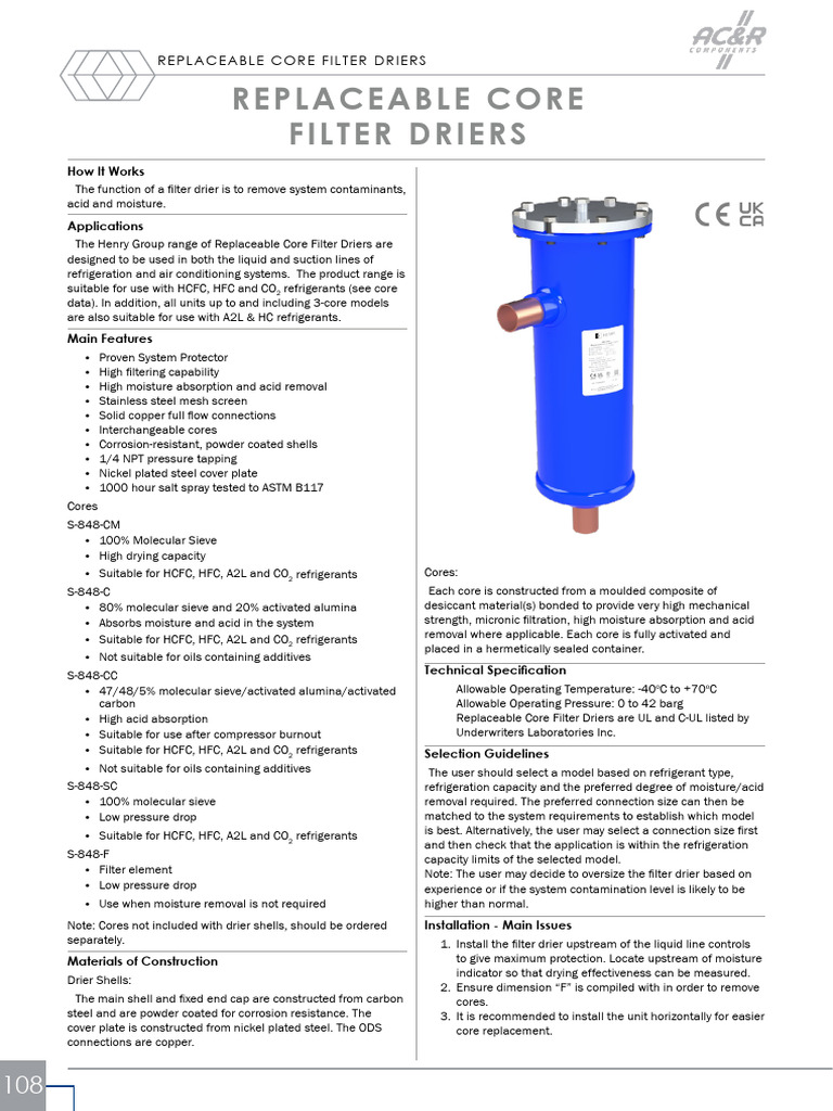 Replaceable Core Filter Driers Guide | PDF | Filtration ...