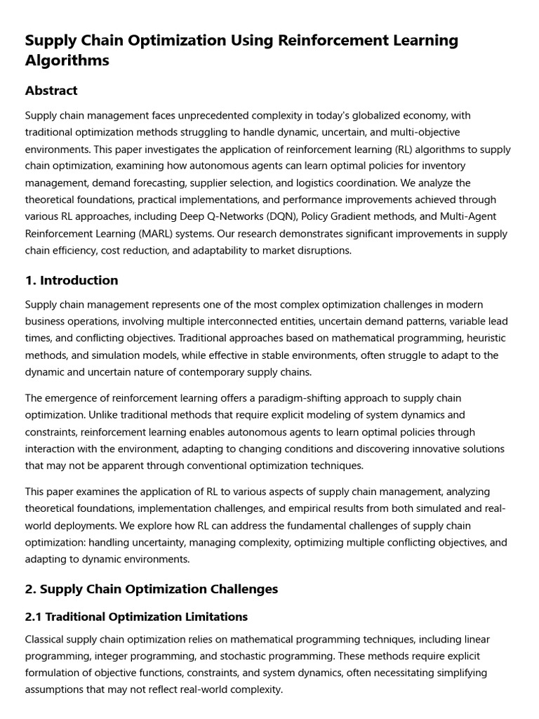 Supply Chain Optimization Using Reinforcement Learning Algorithms Pdf Supply Chain