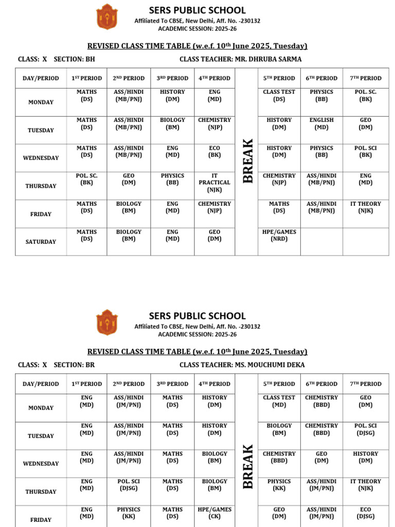 Revised Class Time Table of Grade X | PDF | Physical Sciences | Natural Sciences