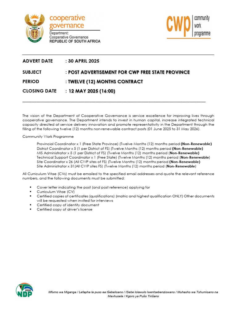 CWP Free State Vacancies PDF Version | PDF | Driver's License