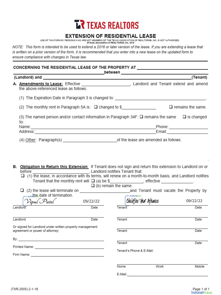 Texas Residential Lease Extension Form | PDF | Lease | Leasehold Estate