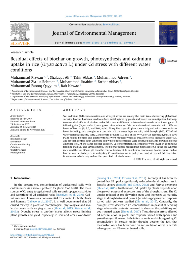 Residual Effects of Biochar On Growth, Photosynthesis and Cadmium | PDF ...