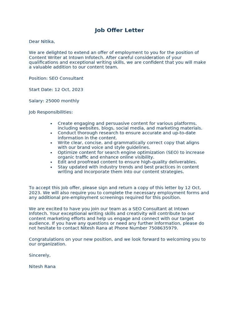 SEO Consultant Job Offer Letter | PDF