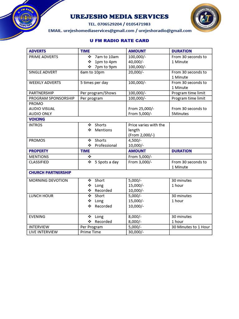 U FM Rate Card 2025 | PDF | Marketing | Communication Design